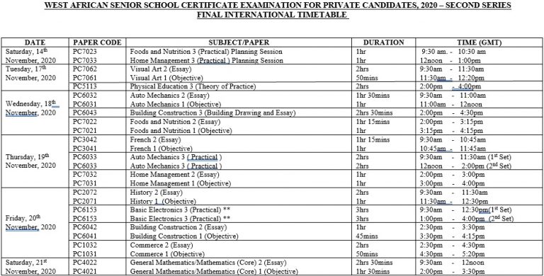 WAEC GCE Timetable 2020 Second Series (Nov/Dec)